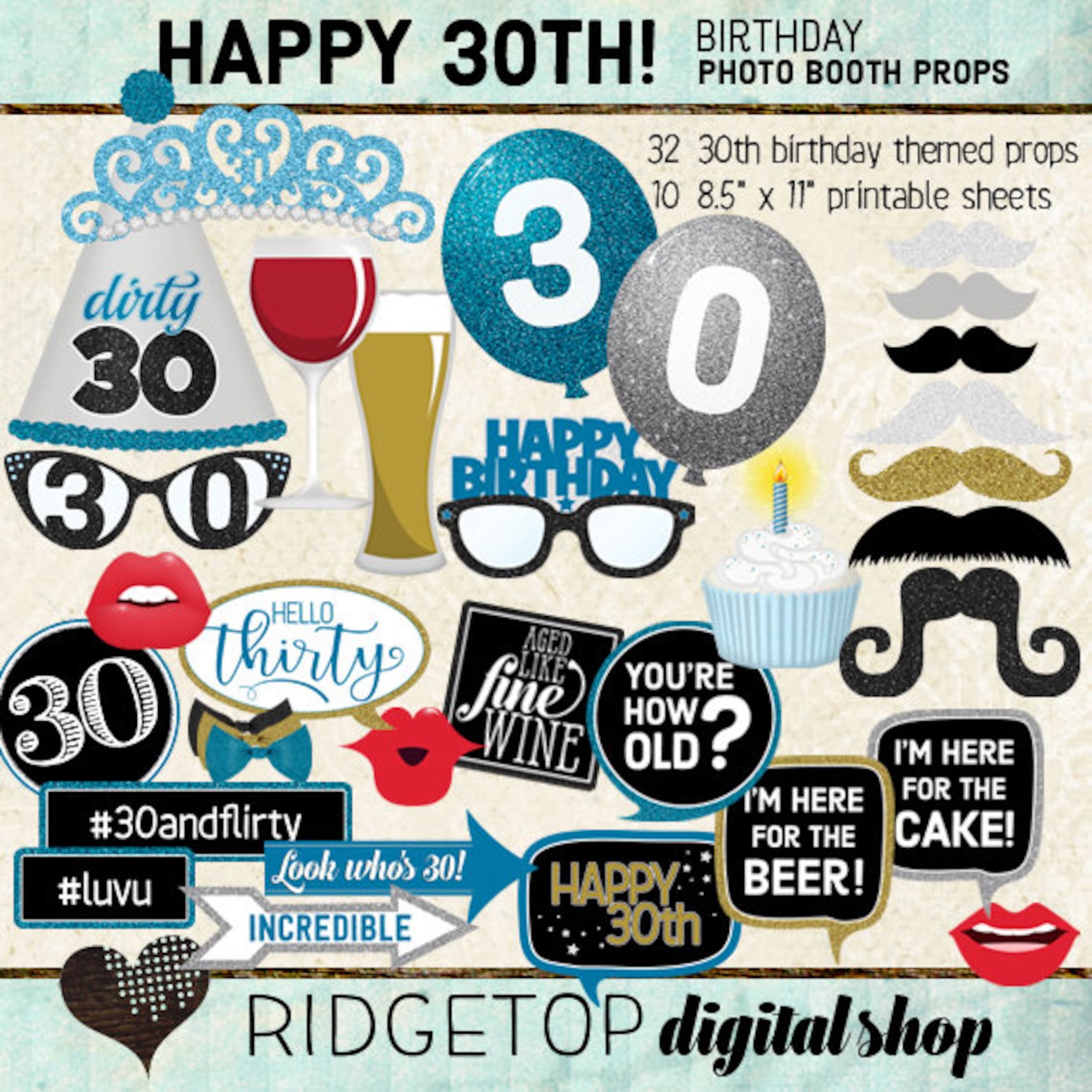 Photo Booth Props HAPPY 30TH BIRTHDAY Selfie Station Blue | Etsy