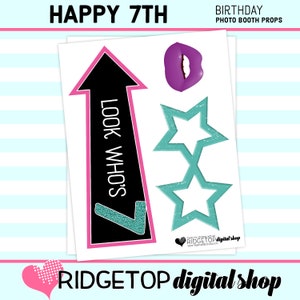 7th Birthday Printable, PHOTO BOOTH PROPS, Pink, Purple, Turquoise, 7th ...