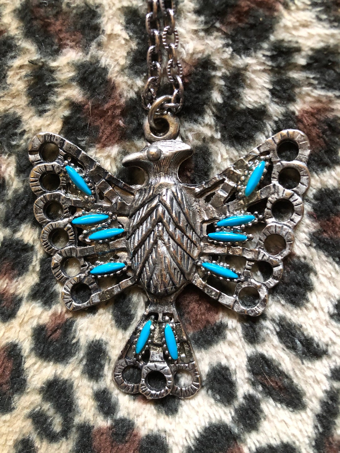 Vintage 50's 70's Silver Turquoise Eagle Necklace Pendant Southwestern ...