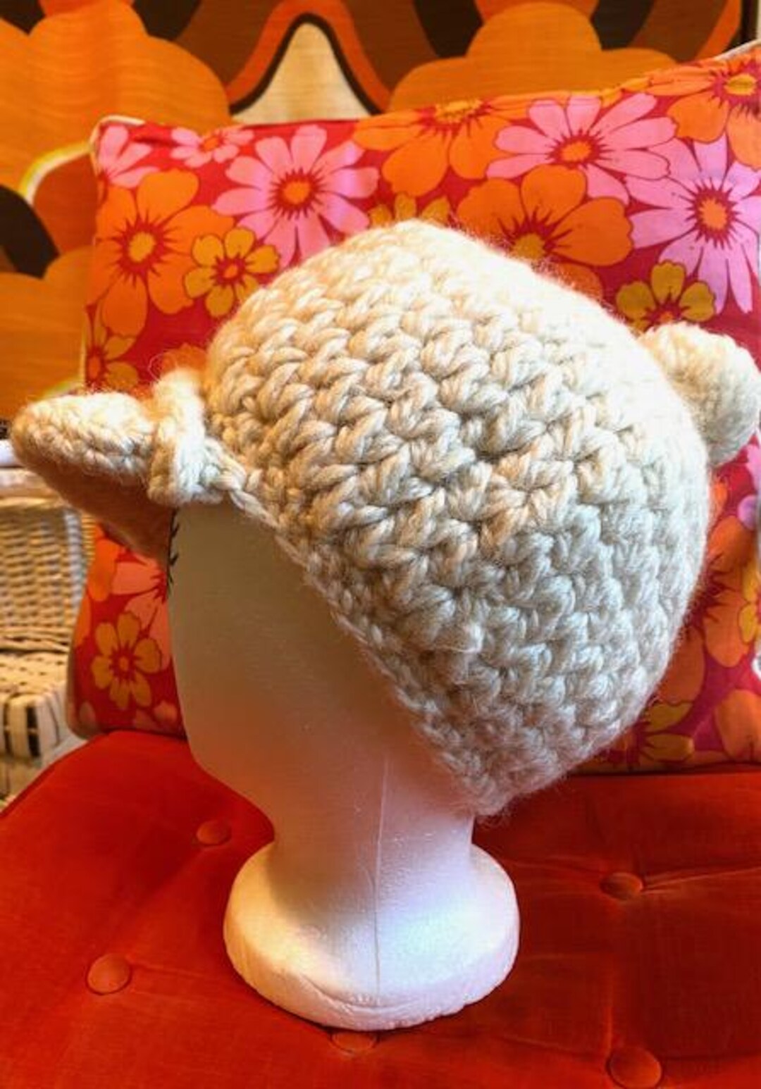 Vintage 60's 70's Pom Pom Cap Casket Cap Hat Newsboy Cream Color Mod ...