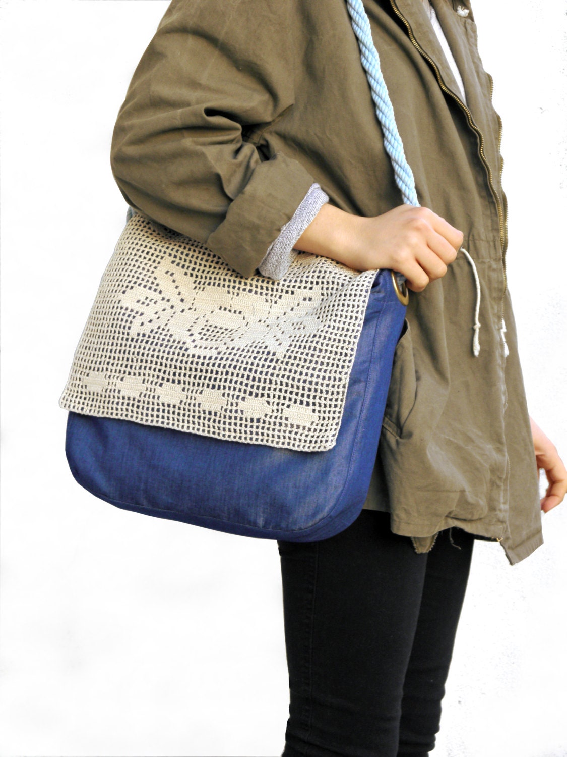 Blue Denim Shoulder Bag With White Hand-knitted Lace & Rose Motif ...