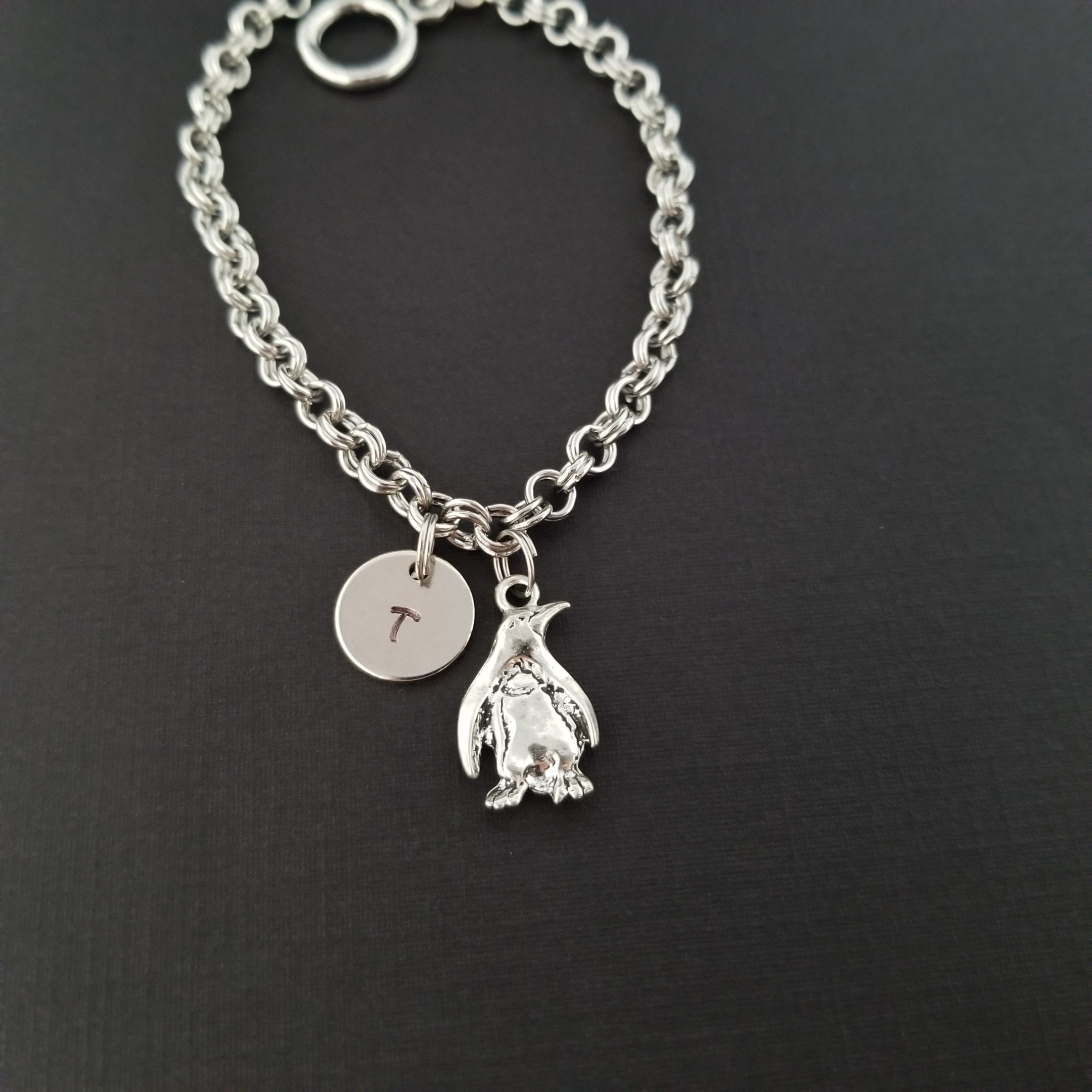 Penguin Jewelry Penguin Charm Bracelet Initial Bracelet | Etsy