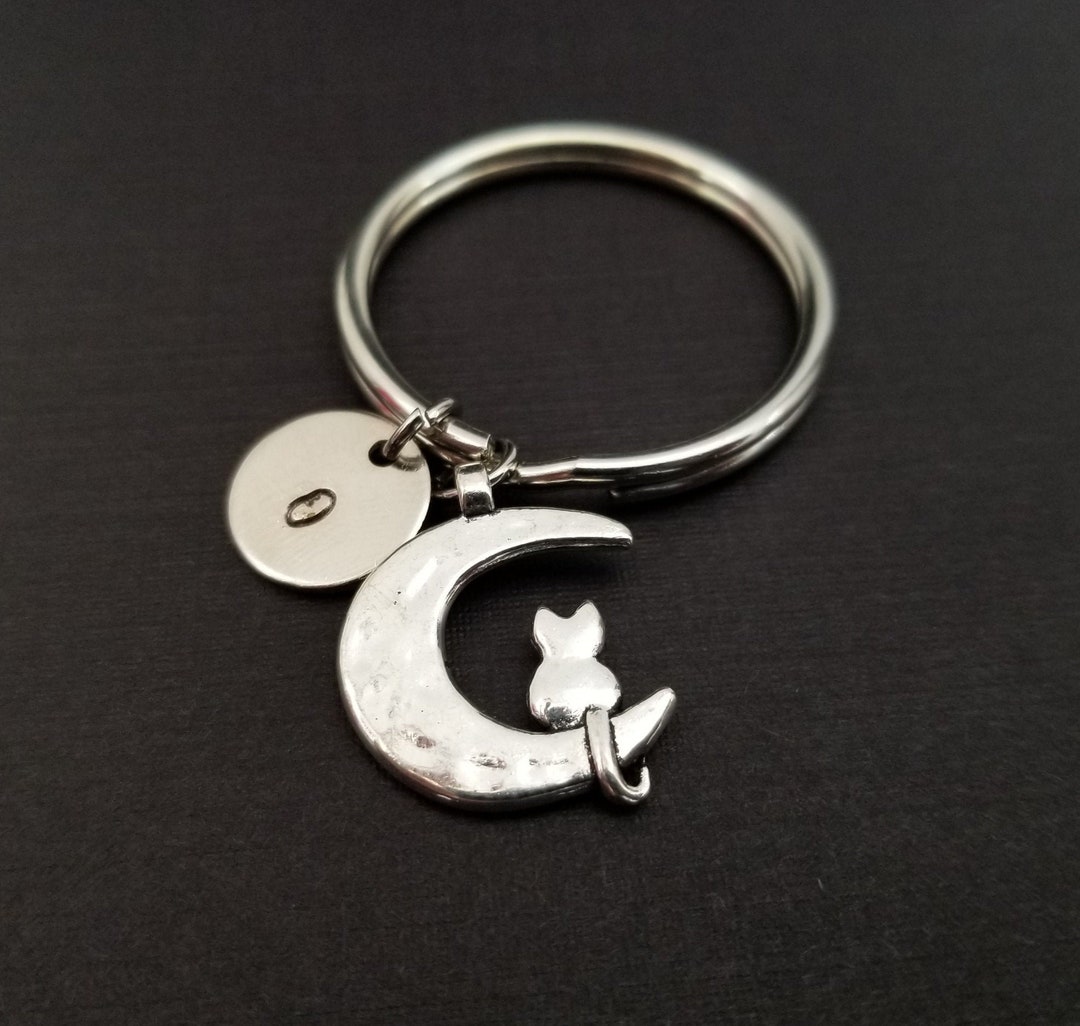 Silver Cat Keychain - Cat Key Chain - Cat Lover Keyring - Cat on a ...