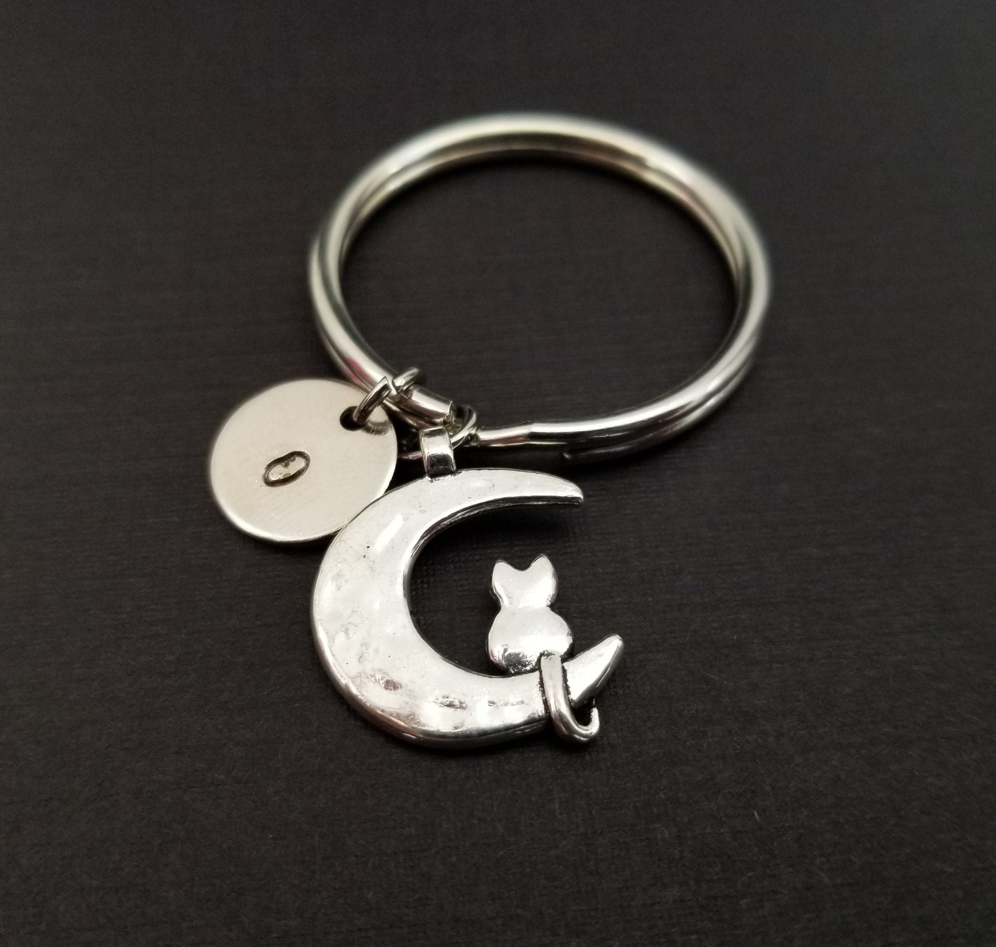 Silver Cat Keychain - Cat Key Chain - Cat Lover Keyring - Cat on a ...