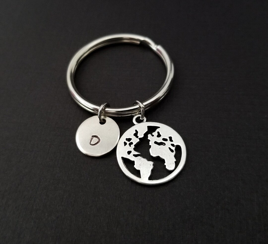 Silver World Map Keychain Custom Gift Silver Keychain Globetrotter Gift ...