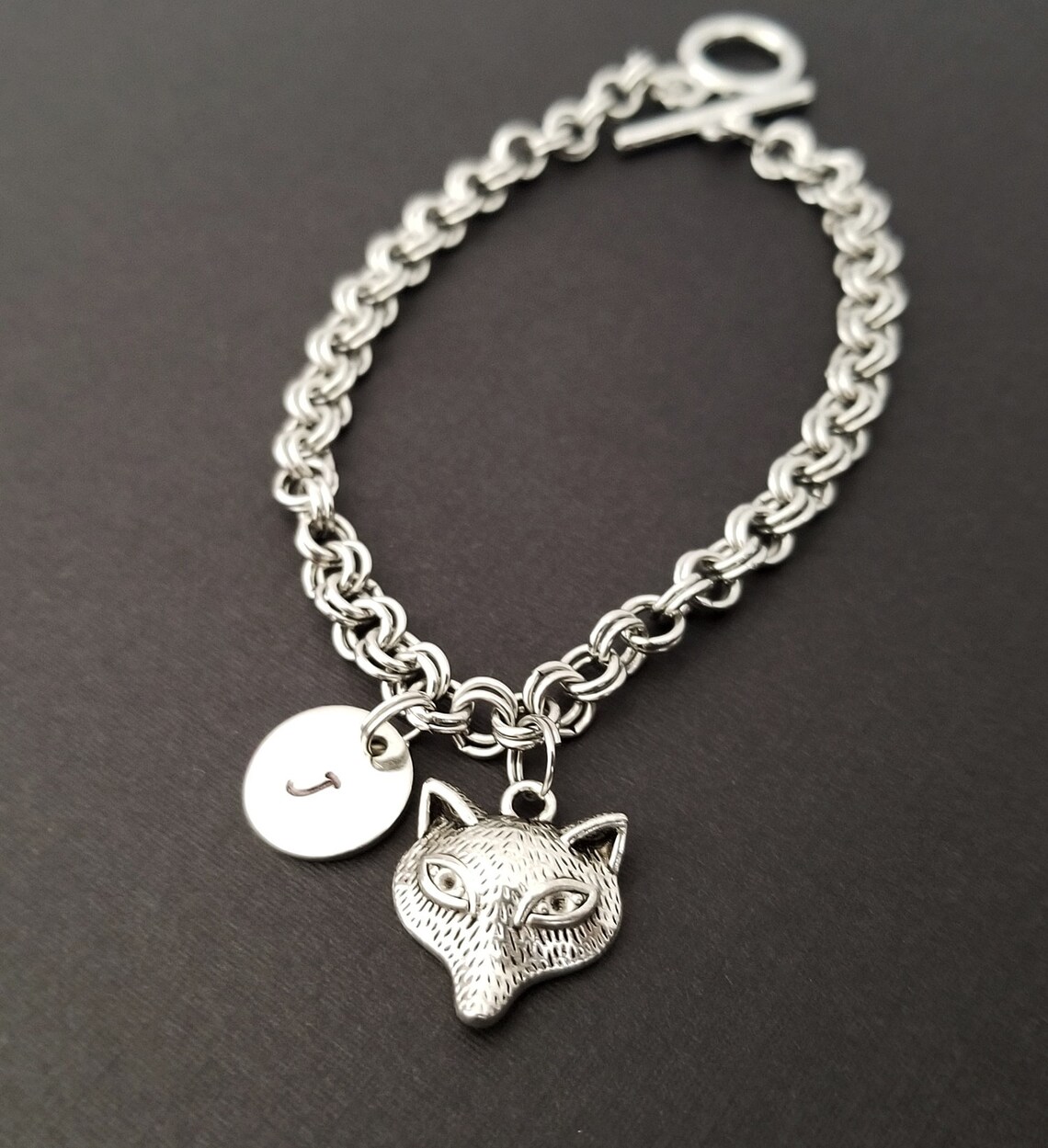 Fox Jewelry Fox Head Charm Bracelet Initial Bracelet | Etsy