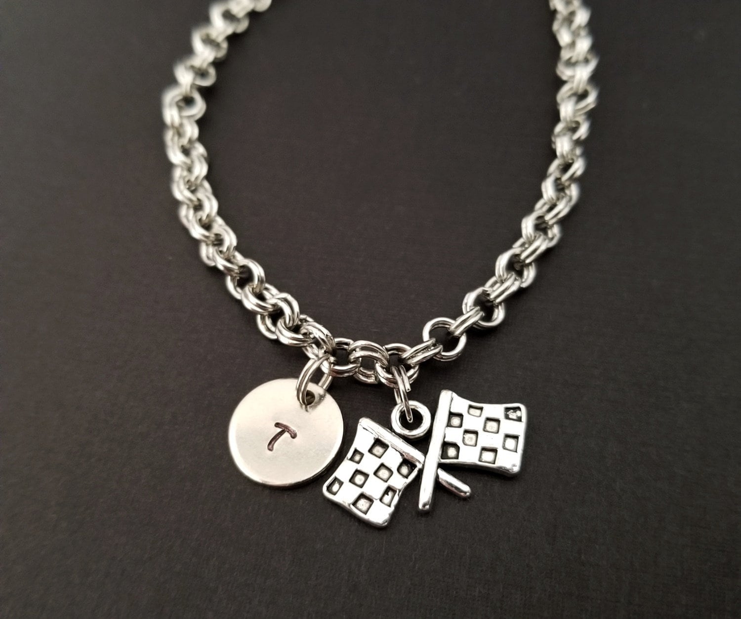 Checkered Flag Bracelet - Race Car Charm Bracelet - Personalized Bangle ...