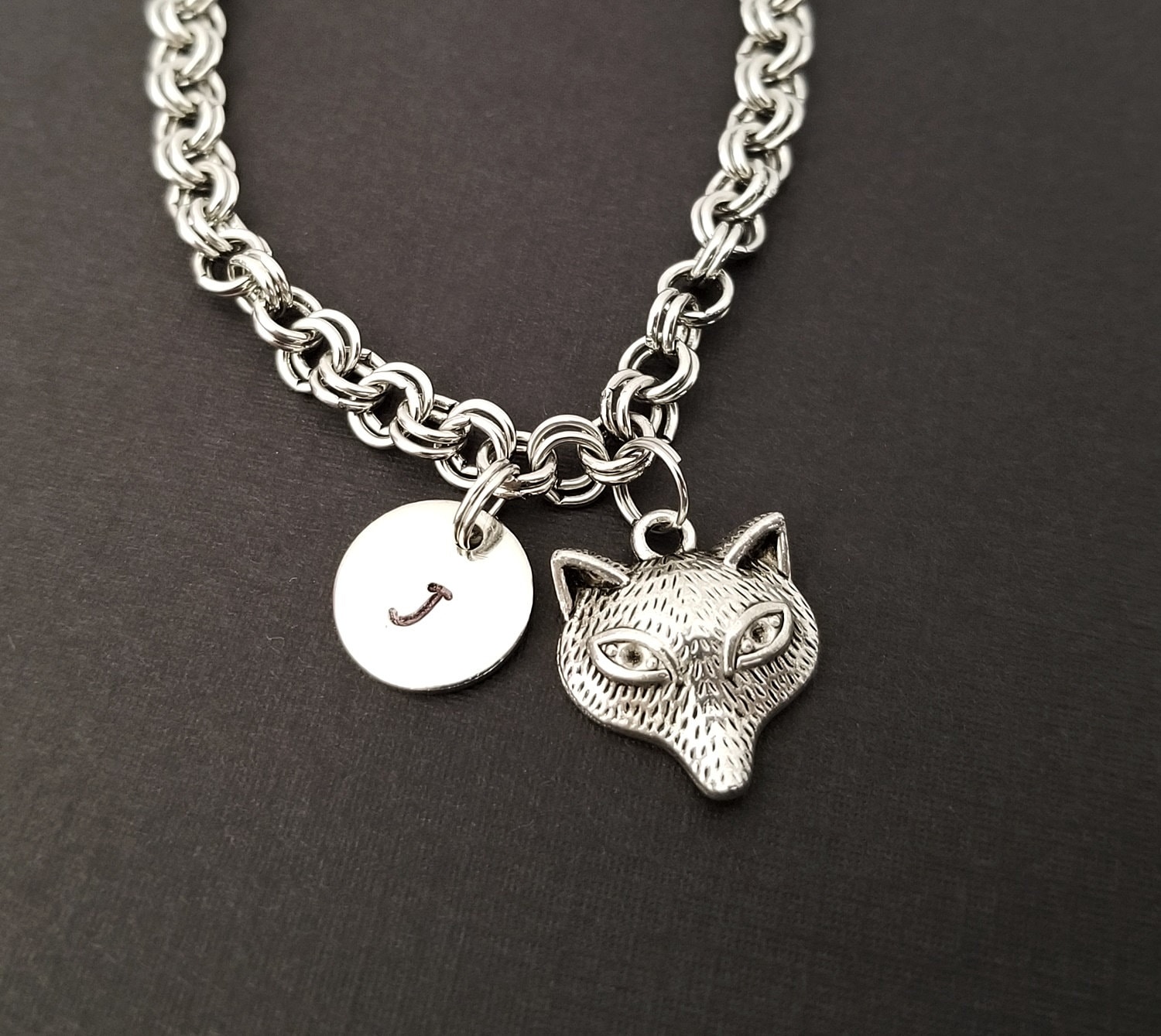 Fox Jewelry Fox Head Charm Bracelet Initial Bracelet | Etsy