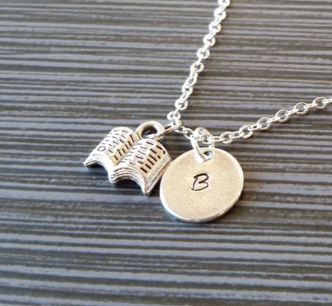 Silver Book Necklace - Open Book Charm Necklace - Personalized Necklace ...