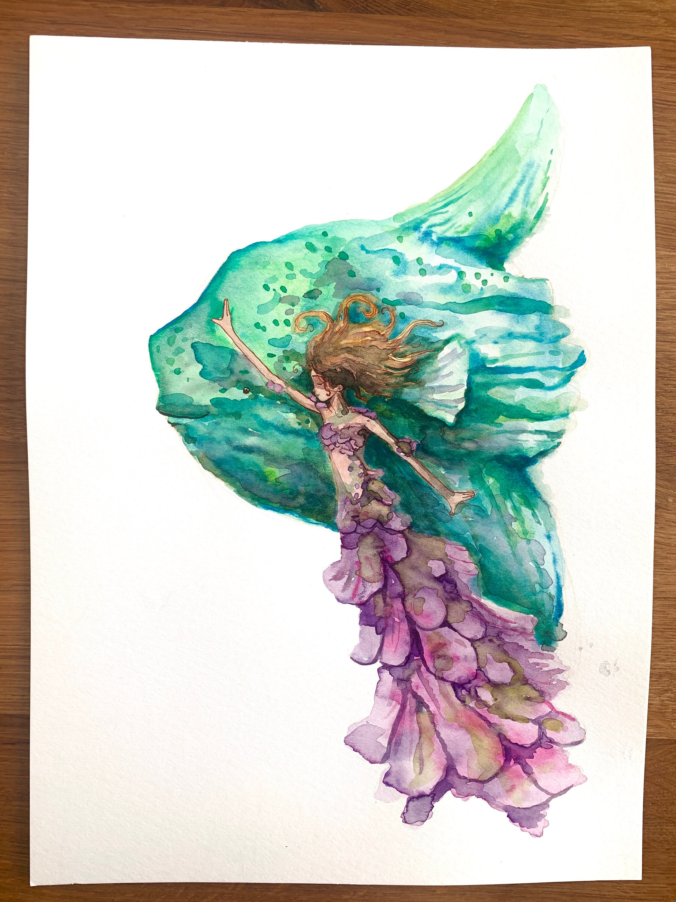 Mermaid Sunfish Watercolor Art Print: Signed Fantasy Illustration ...