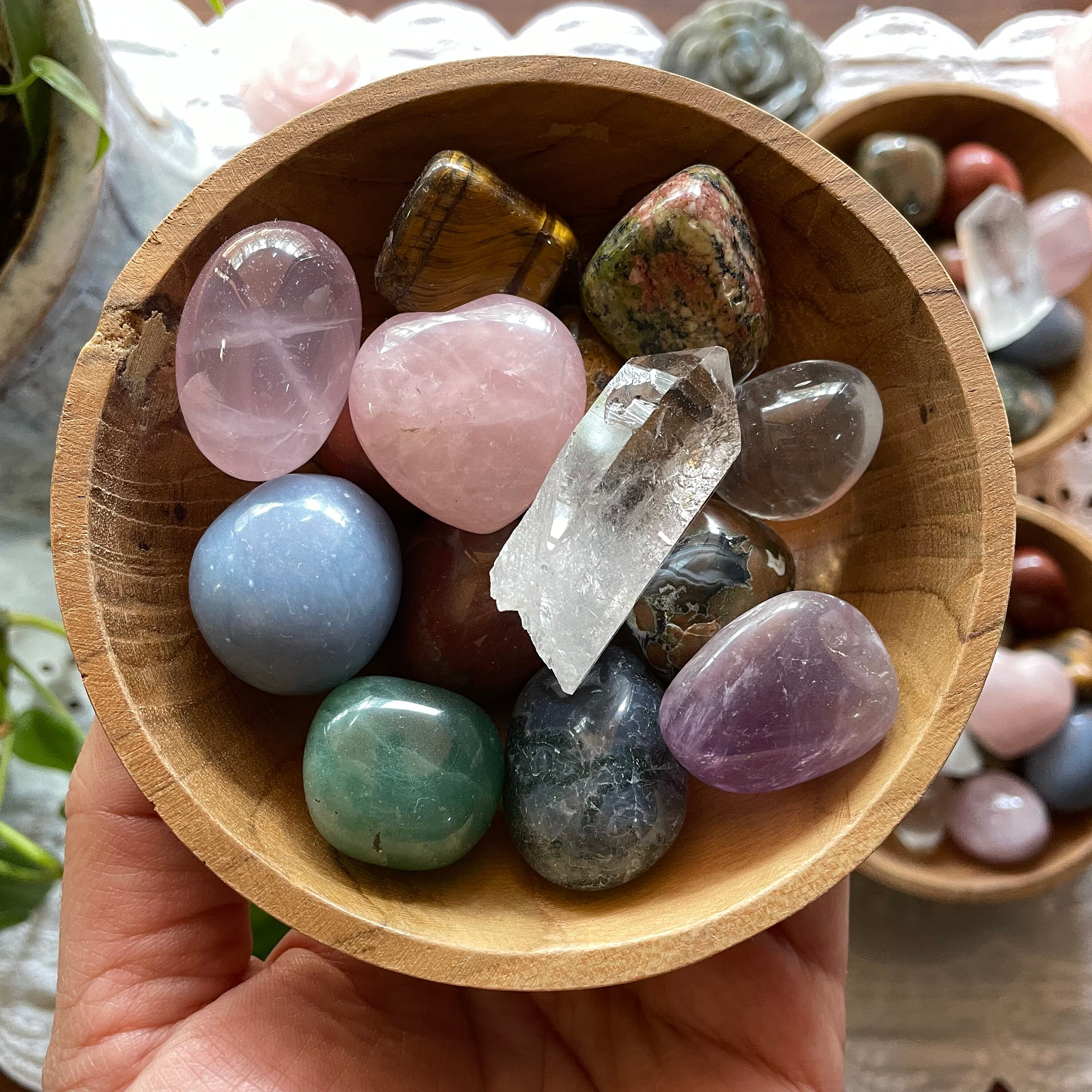 Tumbled Crystal Set: Teak Bowl, Quartz Point, Rose Quartz Heart - Etsy
