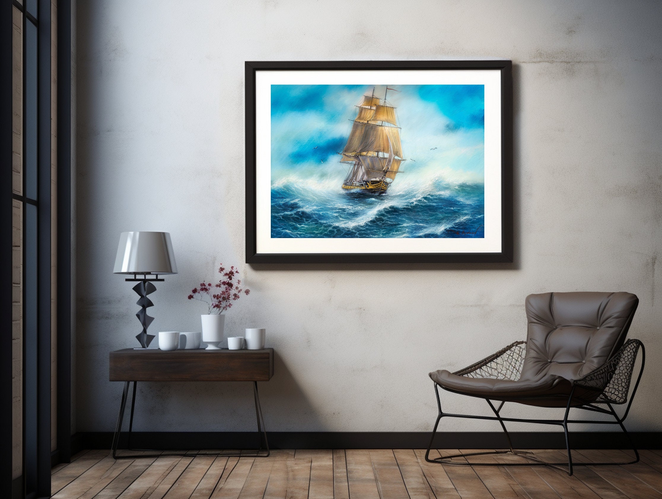 Digital Painting for Printing. Sailing Ship at Sea. Seascape. Digital ...