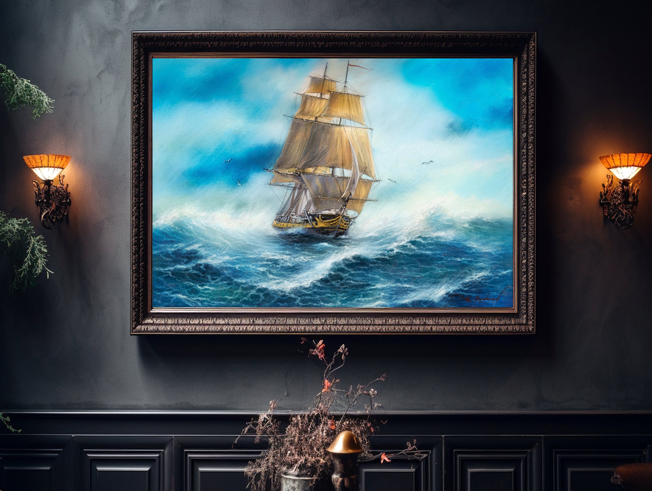 Digital Painting for Printing. Sailing Ship at Sea. Seascape. Digital ...