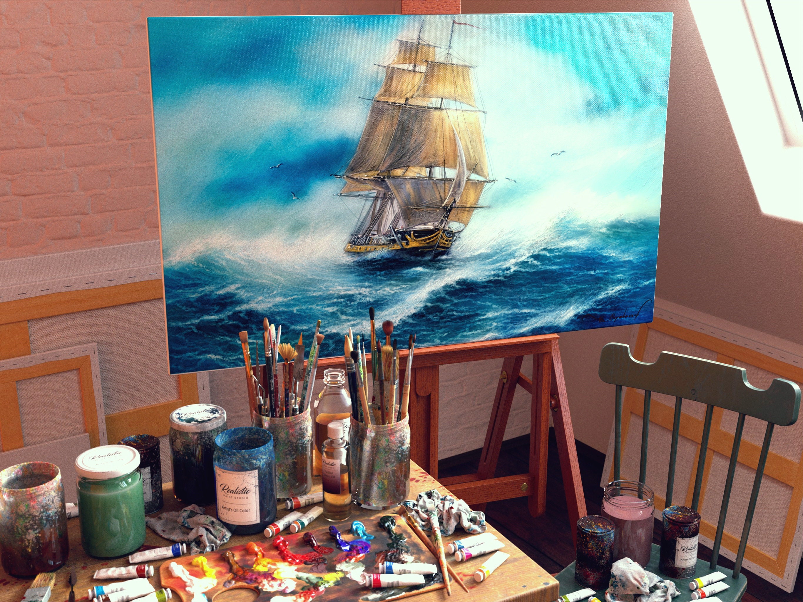 Digital Painting for Printing. Sailing Ship at Sea. Seascape. Digital ...
