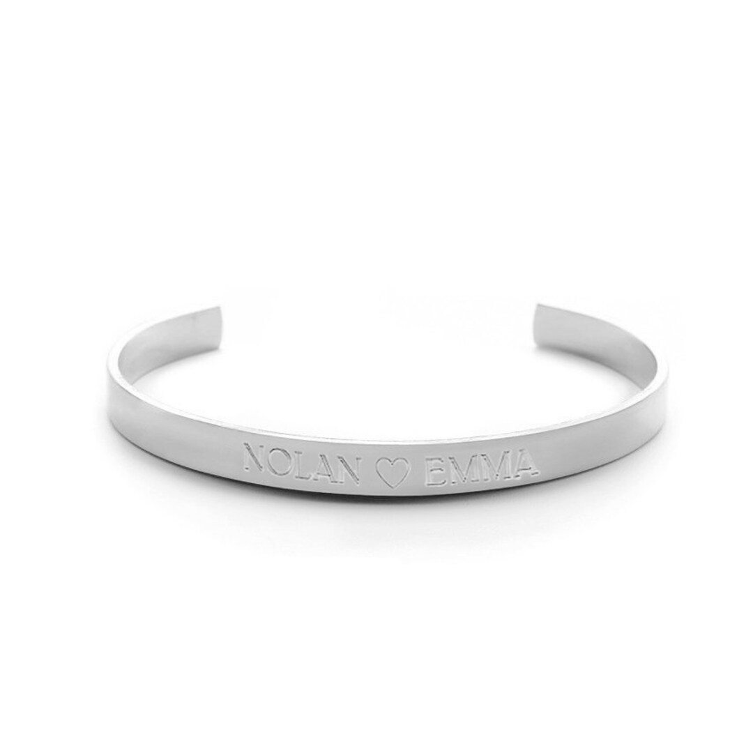 Personalized Silver Cuff Bracelet - Custom Made Two Name With Heart ...