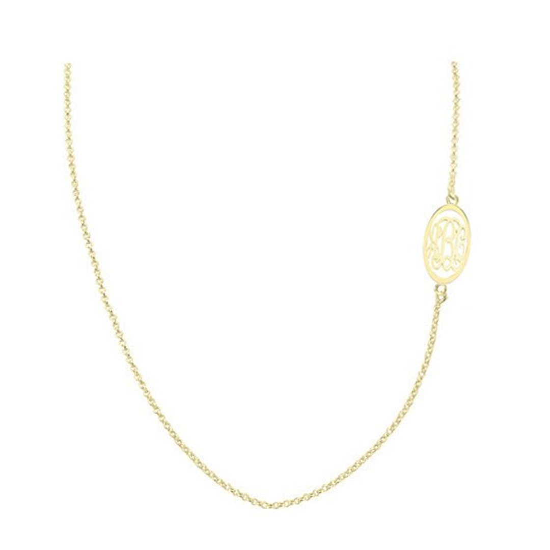14k Solid Yellow Gold Oval Disc Monogram Side 3 Intials Necklace, 1/2 ...