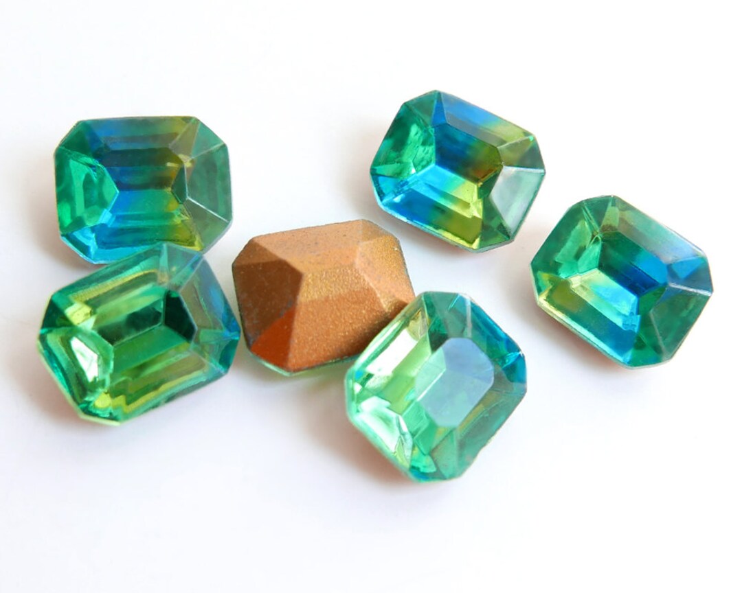 6 Vintage Two-tone Octagonal Glass Stones - 12x10mm - Aquamarine ...