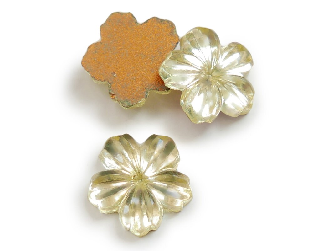 6 Vintage Flower Shaped Glass Stones, Foiled Flat Back - 3 COLORS - 13 ...