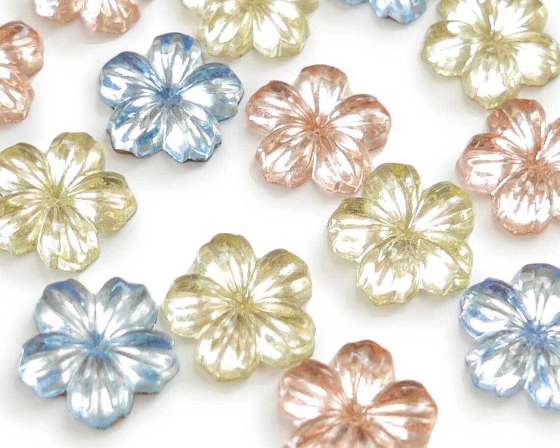 6 Vintage Flower Shaped Glass Stones, Foiled Flat Back - 3 COLORS - 13 ...