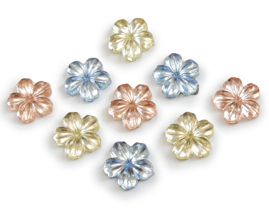 6 Vintage Flower Shaped Glass Stones, Foiled Flat Back - 3 COLORS - 13 ...