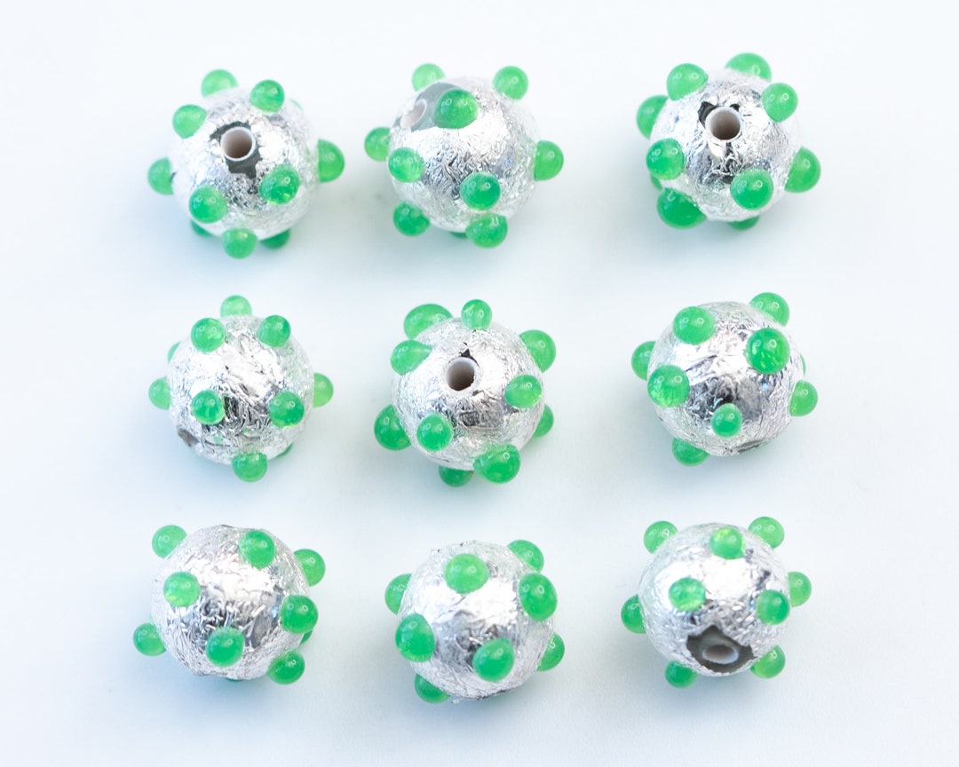 4 Vintage Rare 1960s Czech Real Silver Leaf Beads, Hand-made - Green ...