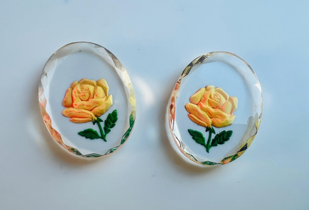 Vintage German Glass Rose Cameo: Hand-painted Flower Cabochon (40x30 Mm ...