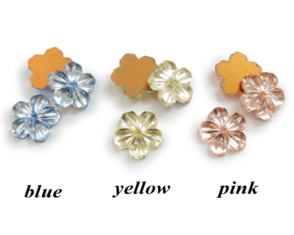 6 Vintage Flower Shaped Glass Stones, Foiled Flat Back - 3 COLORS - 13 ...