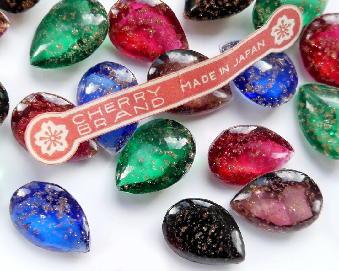 Vintage Japanese Cherry Brand Glass Stones, Gold Flake Pear Teardrop ...