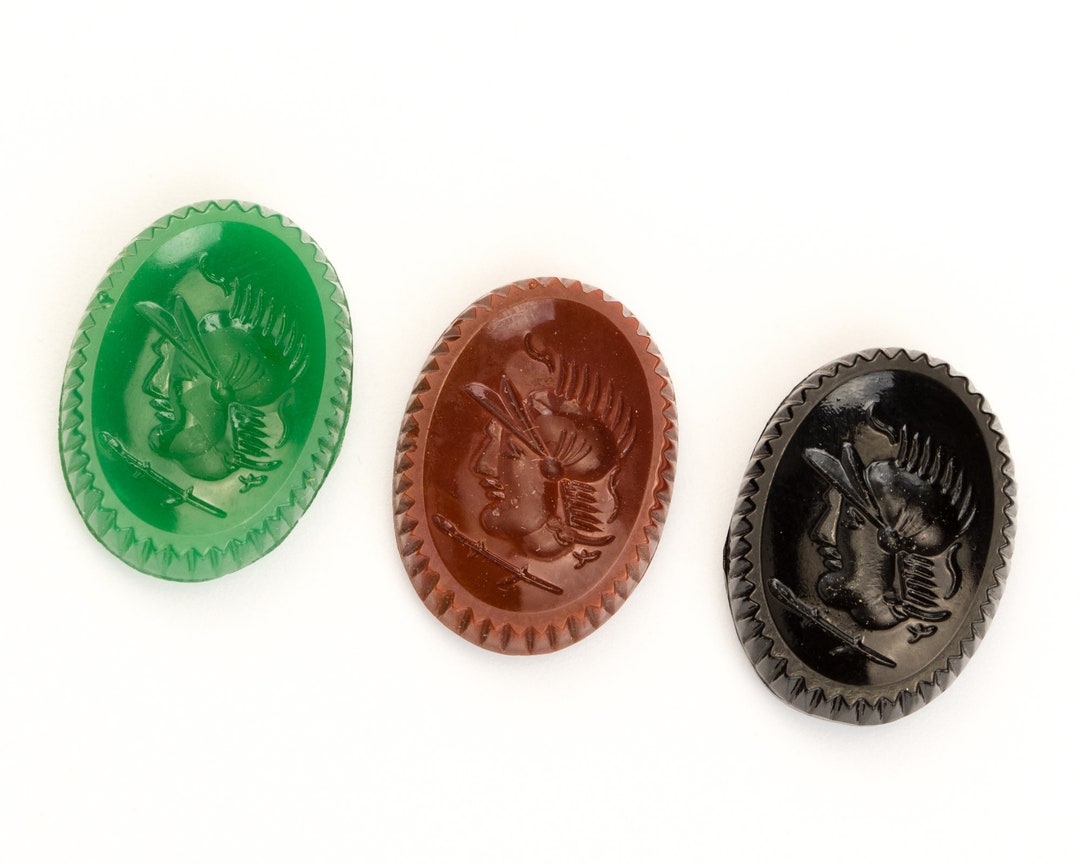 4 Vintage Intaglio Warrior Head Cameos, 3 Colours, German Glass ...