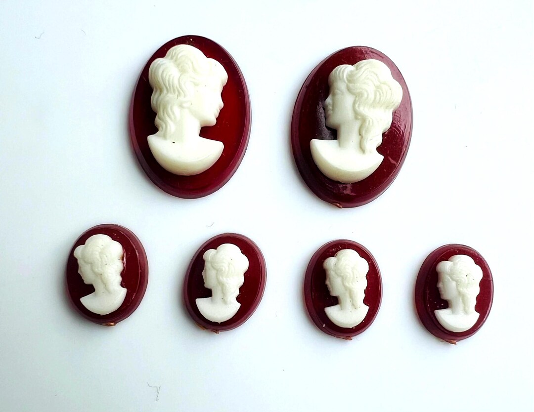 Vintage Carnelian Red Plastic Cameos: Classic Female Profile, German ...