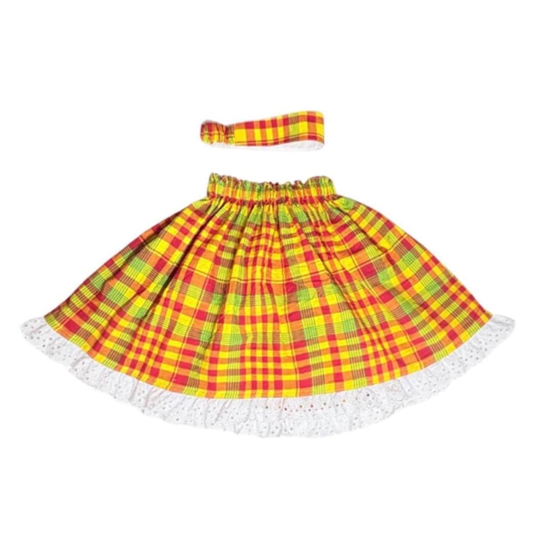 Jamaican Madras Skirt Set, Girl’s Traditional Cotton Outfit, Lace Plaid ...