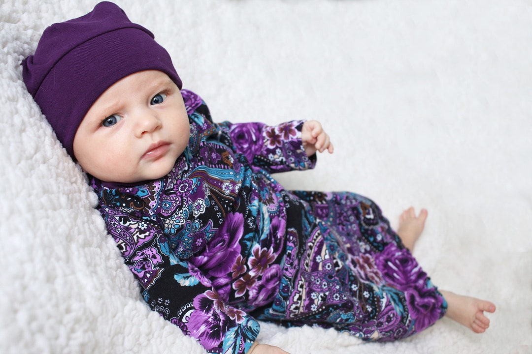 Purple Floral Baby Gown With Hat, Girl's Coming Home Gown, Pink Newborn ...