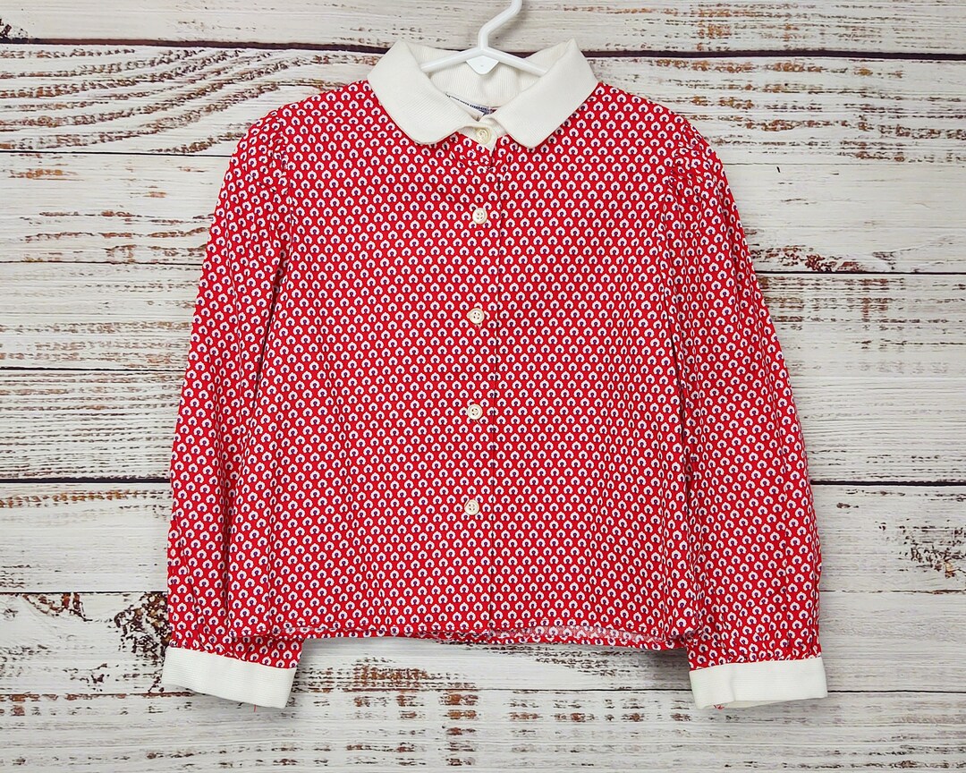 Vintage Girls Dress Shirt / 1970s 70s Blouse / Red White Retro Top ...