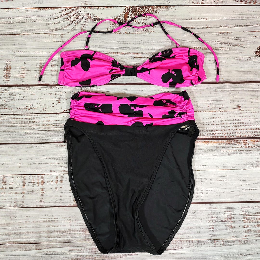 Vintage 2 Piece Swimsuit / Bikini Swimsuit Set Hot Pink / Floral Retro ...