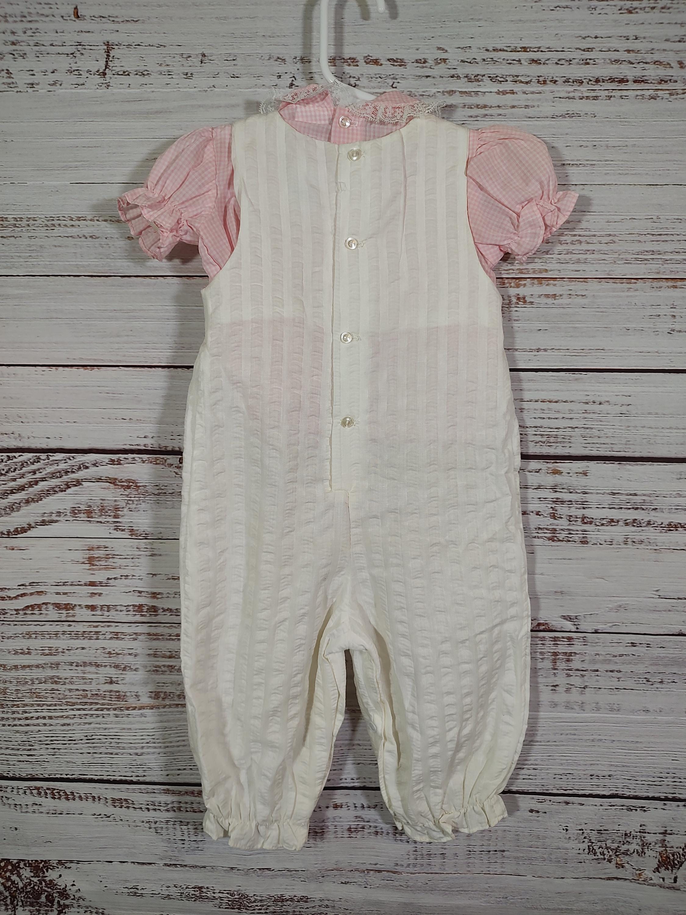 Vintage Baby Jumper / Baby Overall Set / Overalls Shirt / Pink White ...