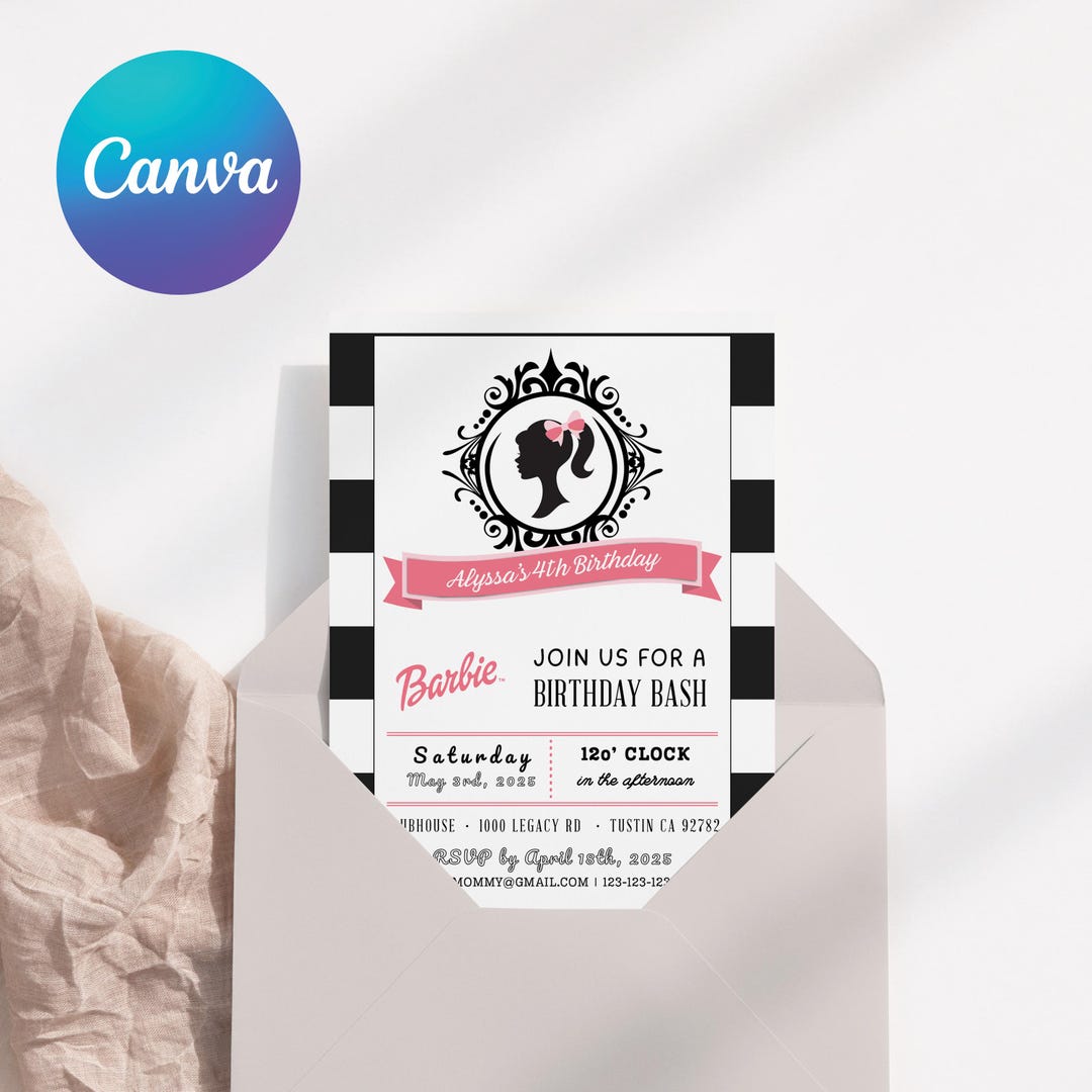 Barbie Birthday Invitation | Black White, Girl Invite, Canva Instant ...