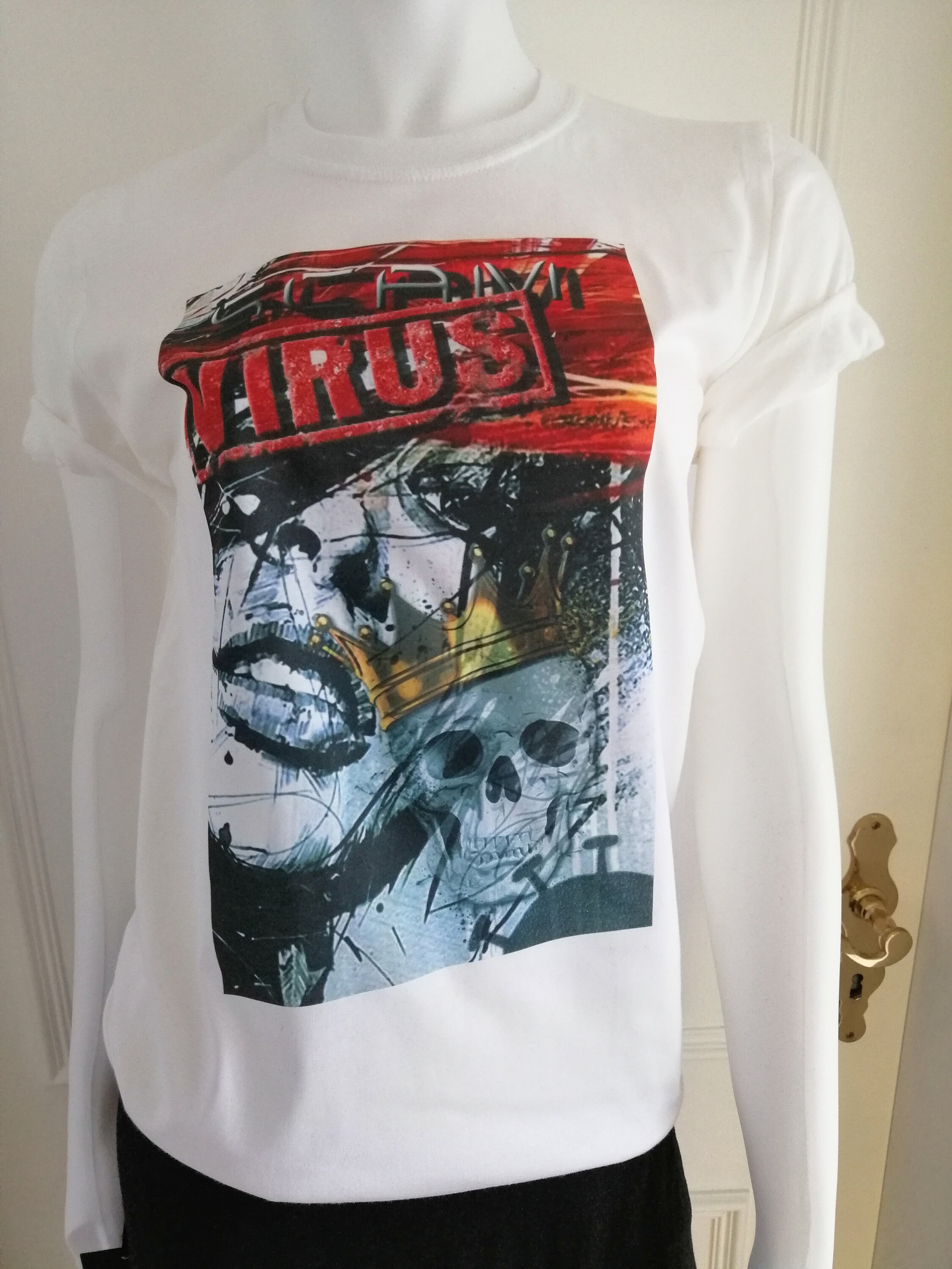 New, Unisex, White, 100% Cotton T-shirt, Scam Virus Printed, in Size: S ...