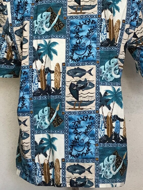 80s Paradise Style Hawaii Blue White Fish Surfer Surf… - Gem