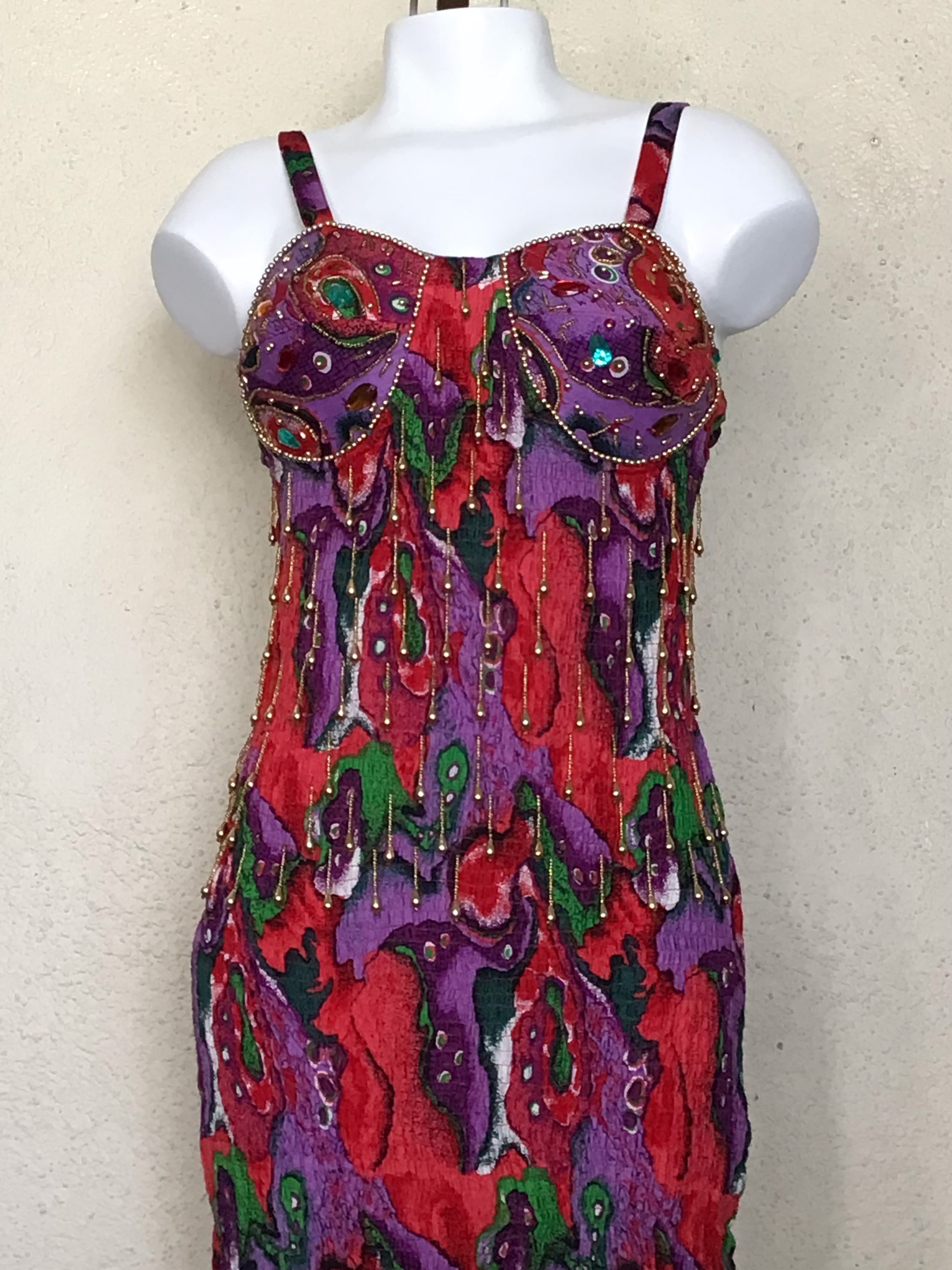 90s Sybra Collection Red Floral Gold Bead Spaghetti Strap Cocktail ...