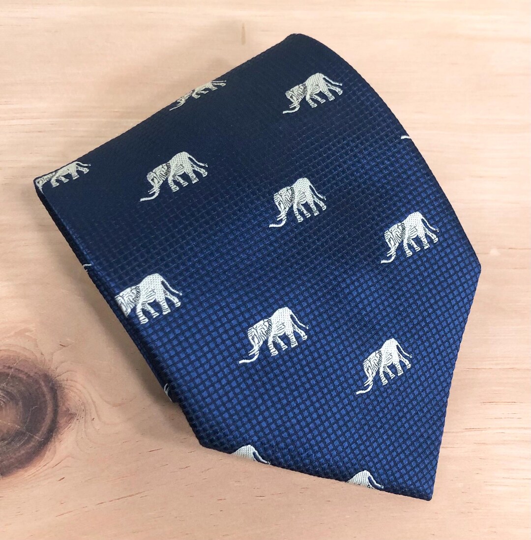 Vintage Men’s Navy Blue White Silk Necktie: the First, Lucky Elephant ...