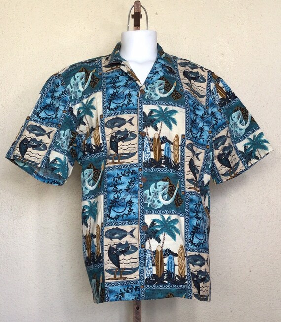 80s Paradise Style Hawaii Blue White Fish Surfer Surf… - Gem