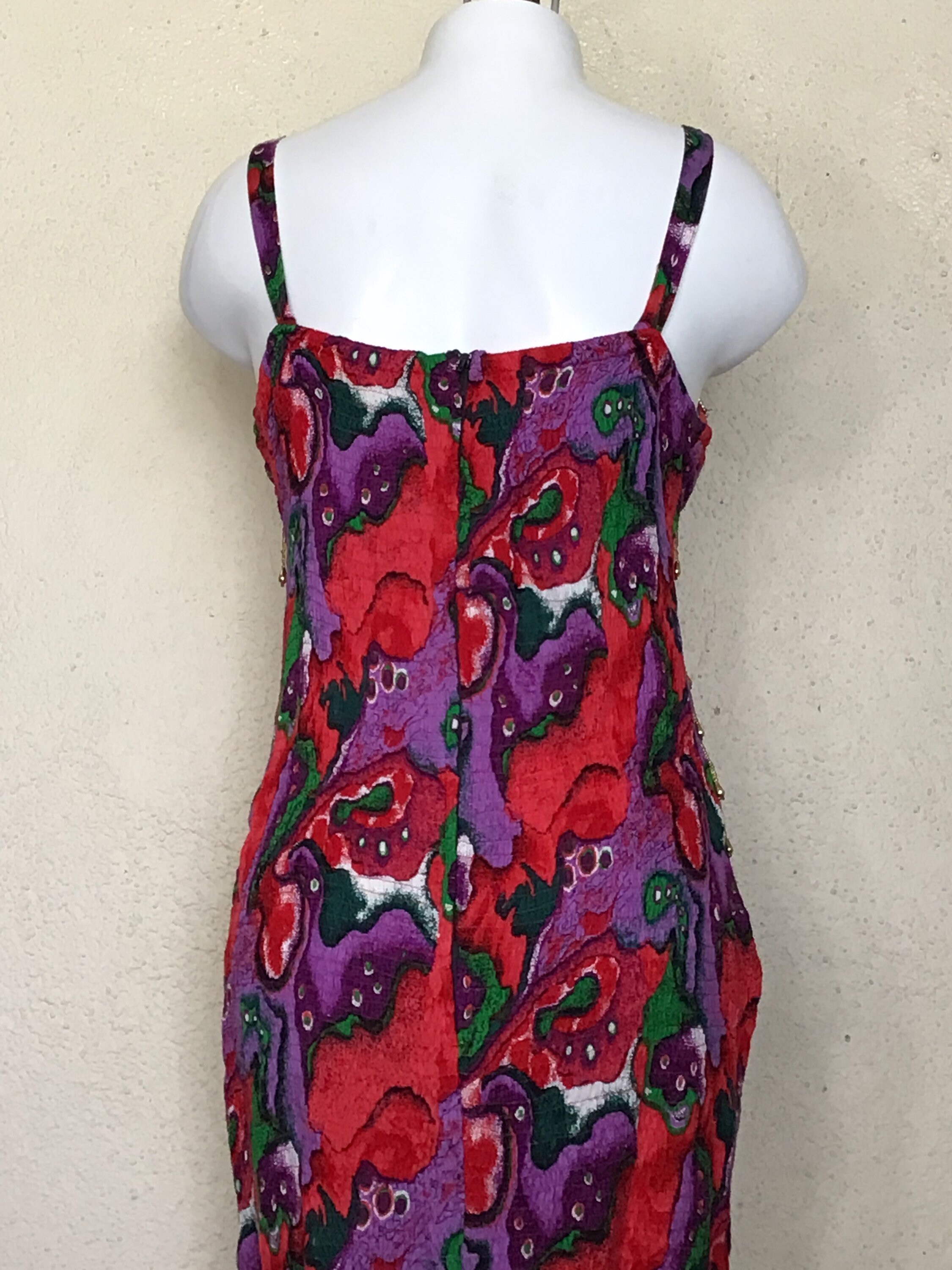 90s Sybra Collection Red Floral Gold Bead Spaghetti Strap Cocktail ...