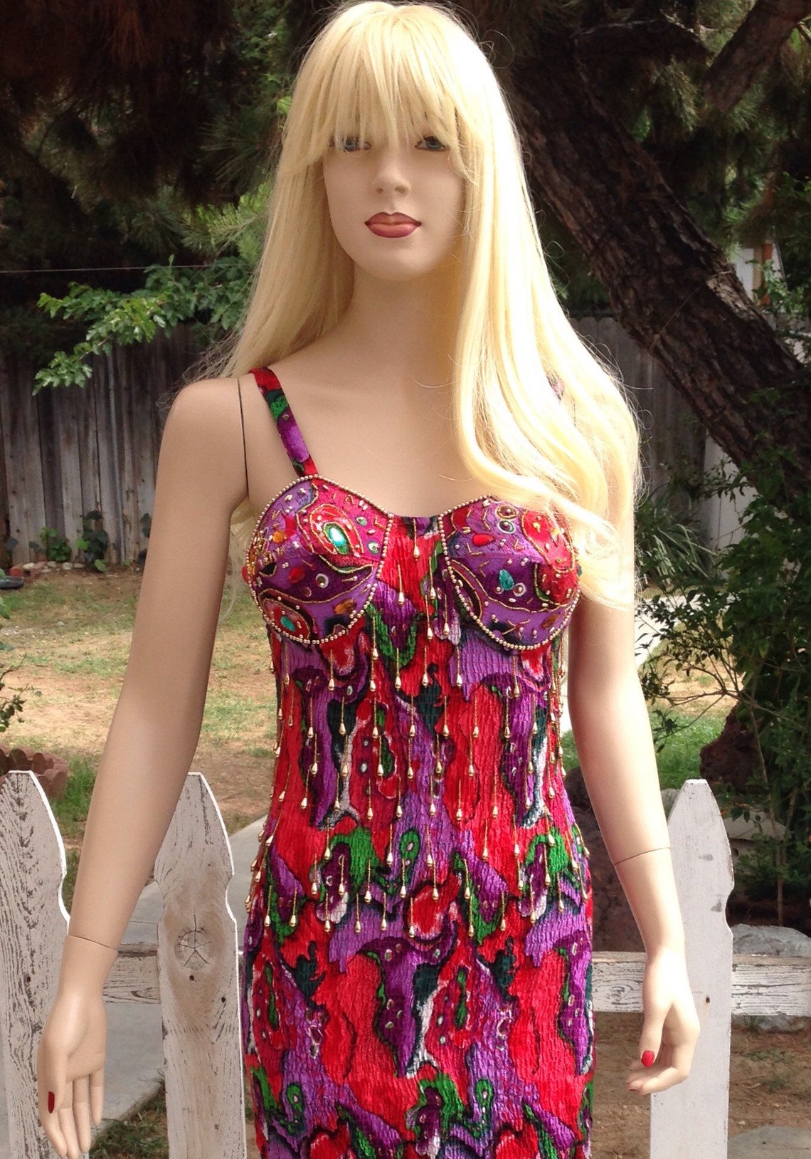 90s Sybra Collection Red Floral Gold Bead Spaghetti Strap Cocktail ...