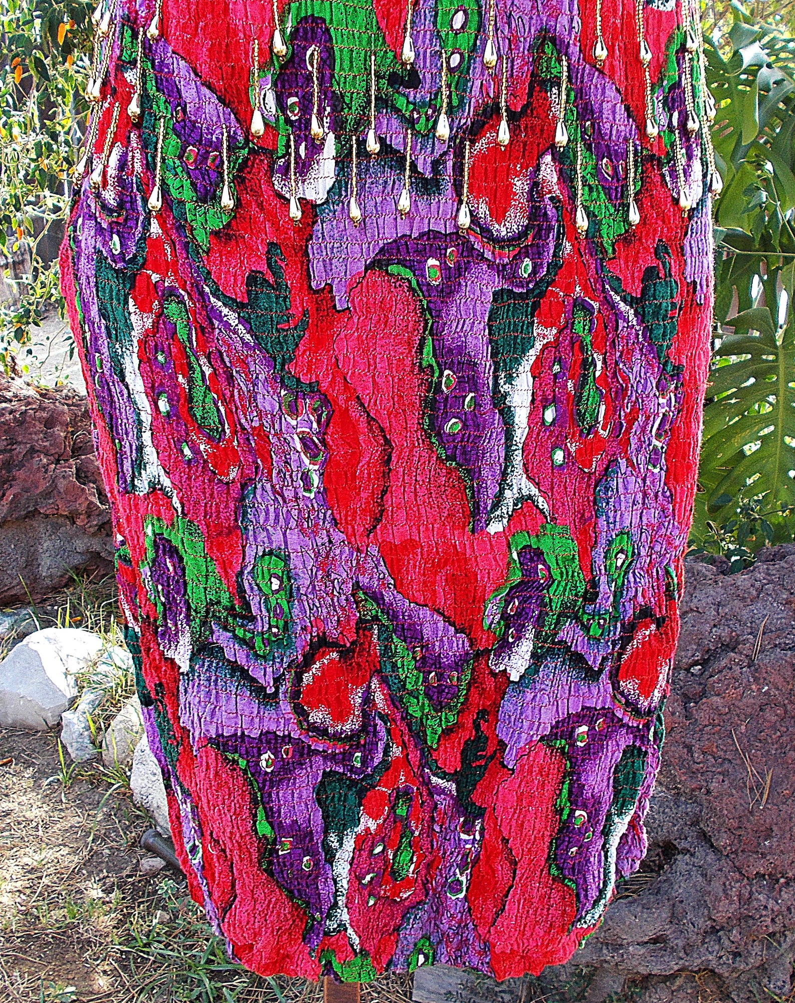 90s Sybra Collection Red Floral Gold Bead Spaghetti Strap Cocktail ...