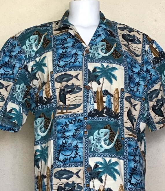 80s Paradise Style Hawaii Blue White Fish Surfer Surf… - Gem