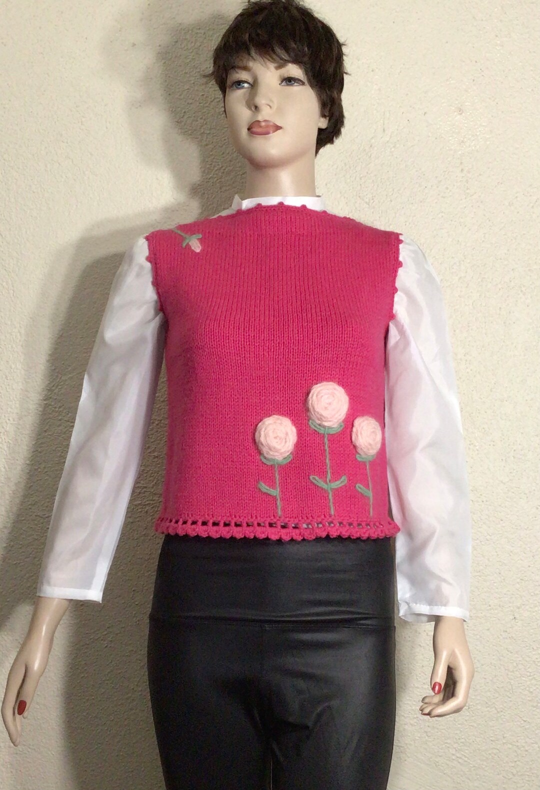 Vintage 50s Pink Knitted Vest: Handmade 3D Floral Sweater Top - Etsy