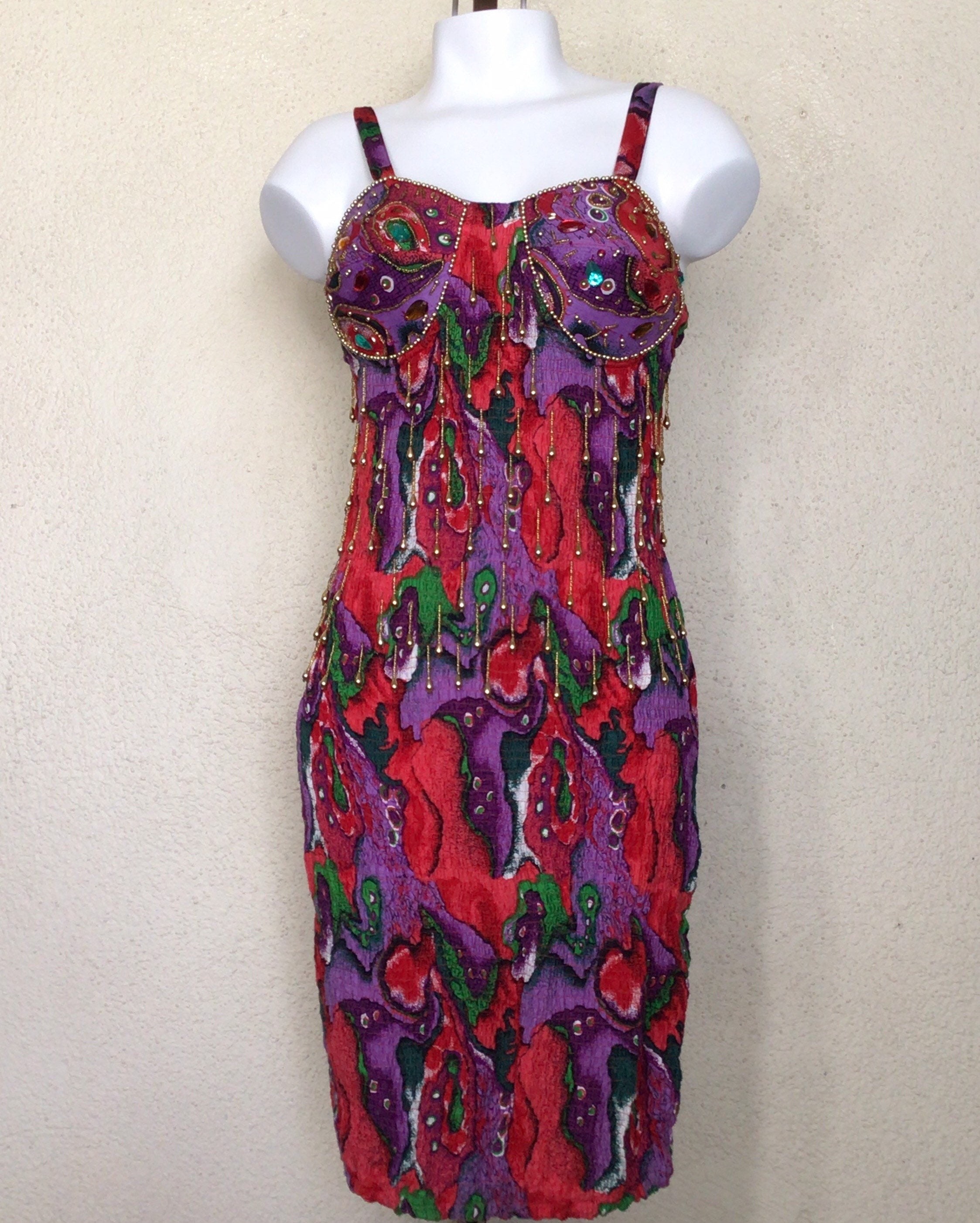 90s Sybra Collection Red Floral Gold Bead Spaghetti Strap Cocktail ...