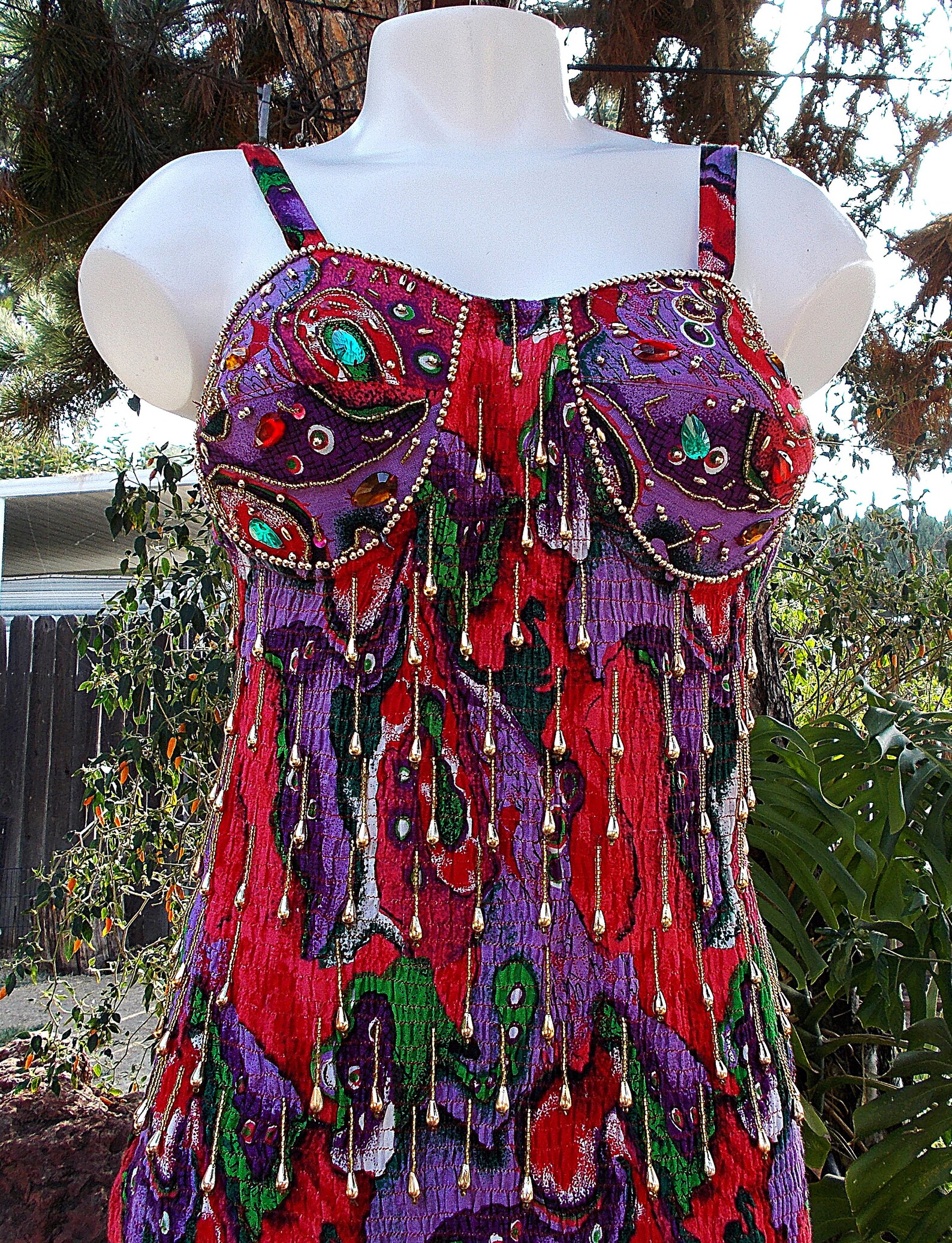 90s Sybra Collection Red Floral Gold Bead Spaghetti Strap Cocktail ...