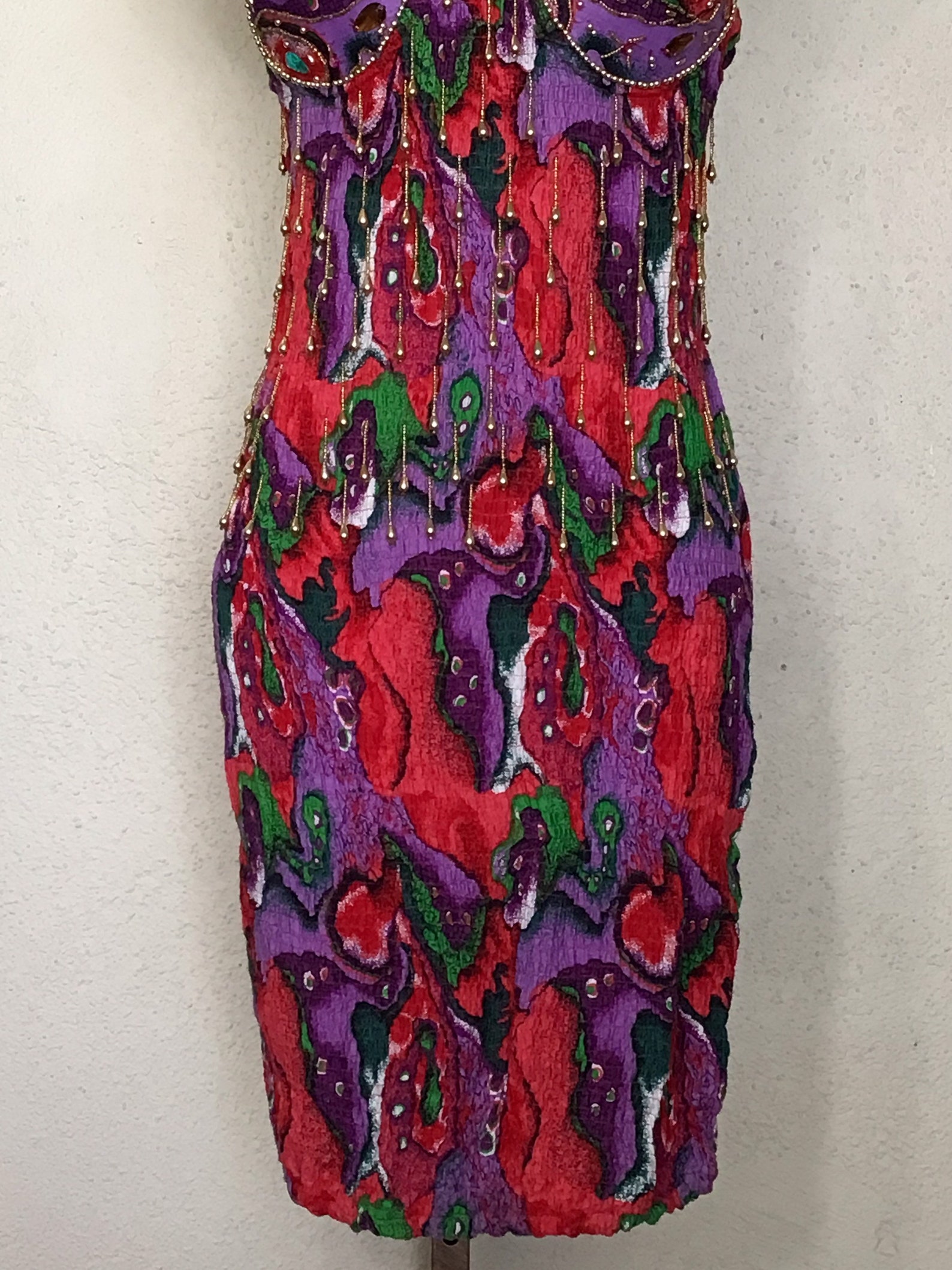 90s Sybra Collection Red Floral Gold Bead Spaghetti Strap Cocktail ...