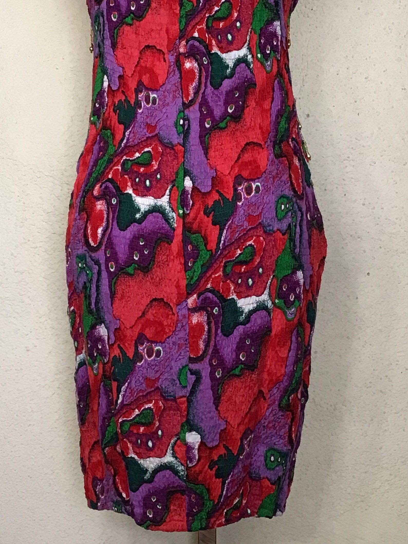 90s Sybra Collection Red Floral Gold Bead Spaghetti Strap Cocktail ...